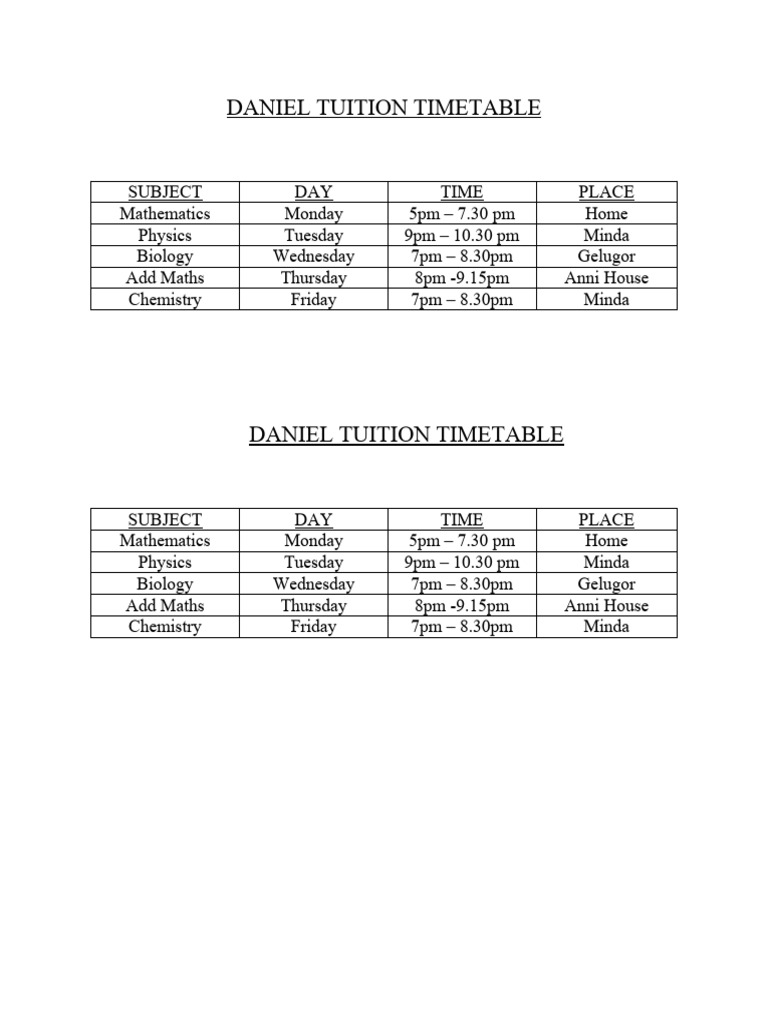 Daniel Tuition Timetable | PDF