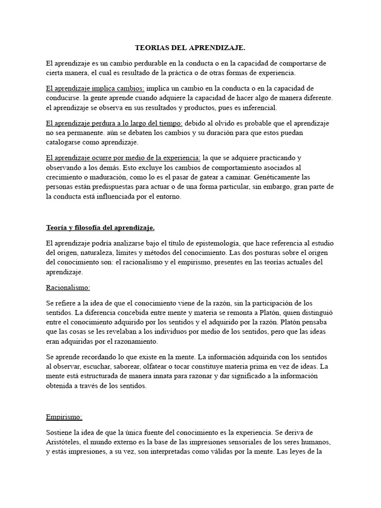 Aprendizaje, Texto 1 Resumen | PDF | Aprendizaje | Conocimiento