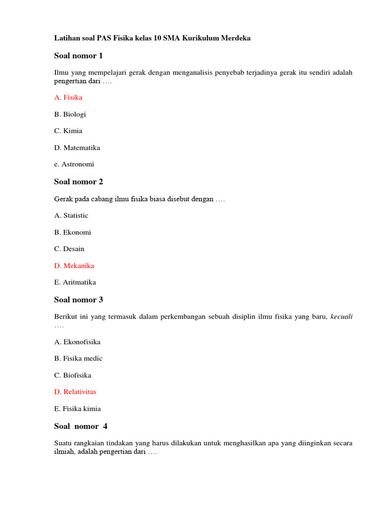Latihan Soal PAS Fisika Kelas 10 SMA Kurikulum Merdeka | PDF
