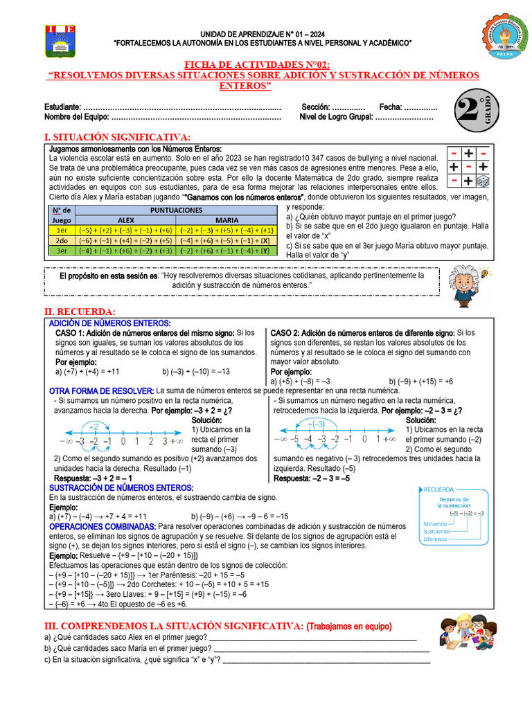 Ficha 2-2do-Ua1-2024 | PDF | Entero | Sustracción