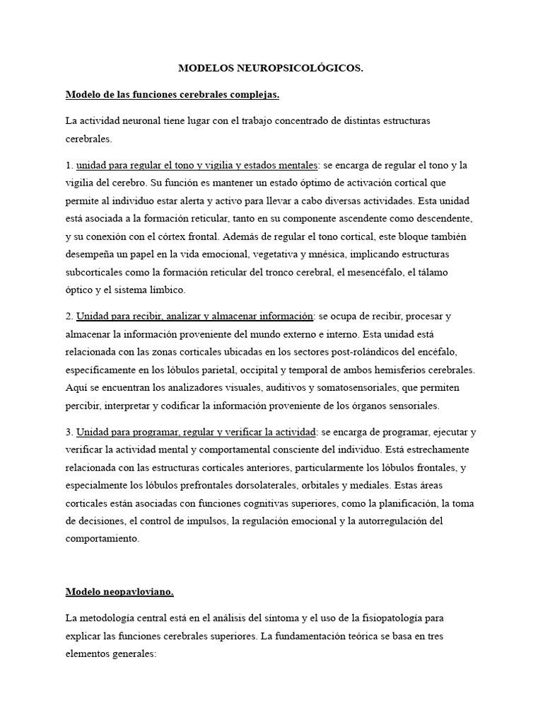Modelos Neuropsicológicos | PDF | Neuropsicología | Corteza cerebral