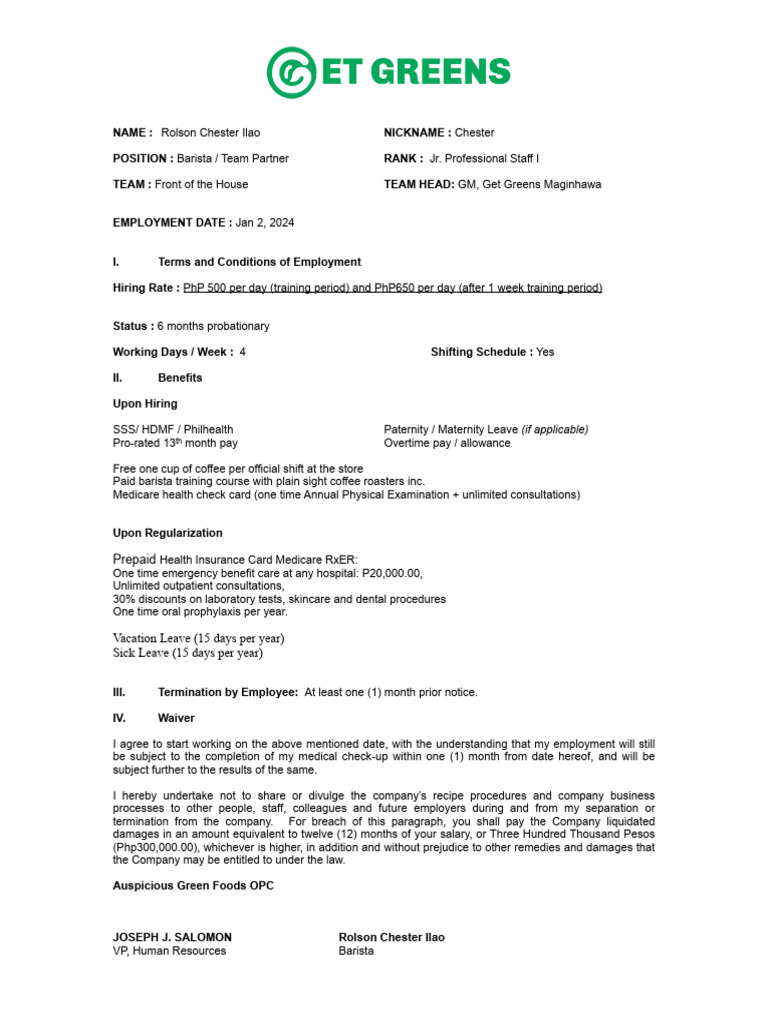 Job Offer Sheet for Barista | PDF