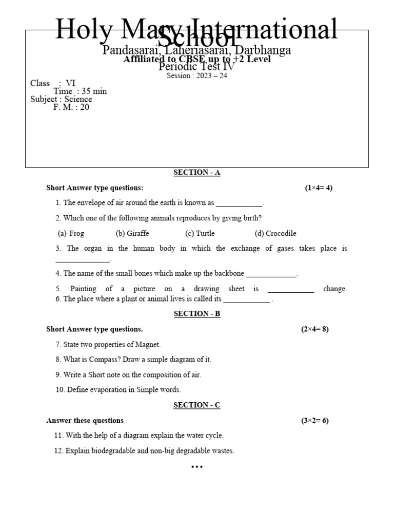 Science Quiz for Class VI Students | PDF