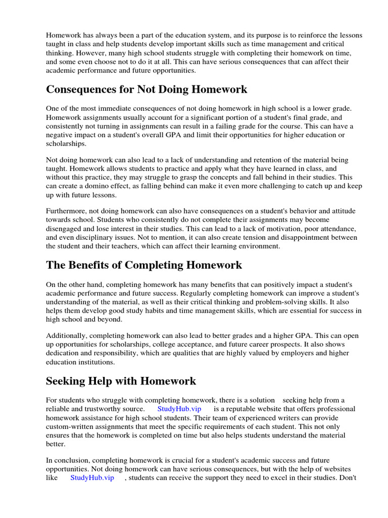Consequences For Not Doing Homework in High School | Download Free PDF | Homework | Schools
