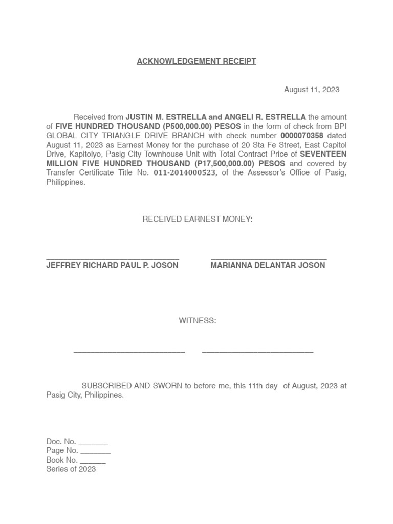 Earnest Money Acknowledgment Receipt | PDF | Law