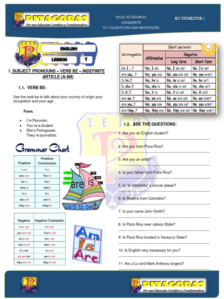 English Grammar: Subject Pronouns & Verb "Be" | PDF | Linguistic ...