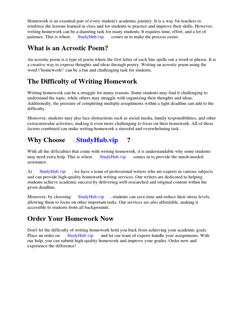 Acrostic Poem Using Homework | Download Free PDF | Homework | Poetry