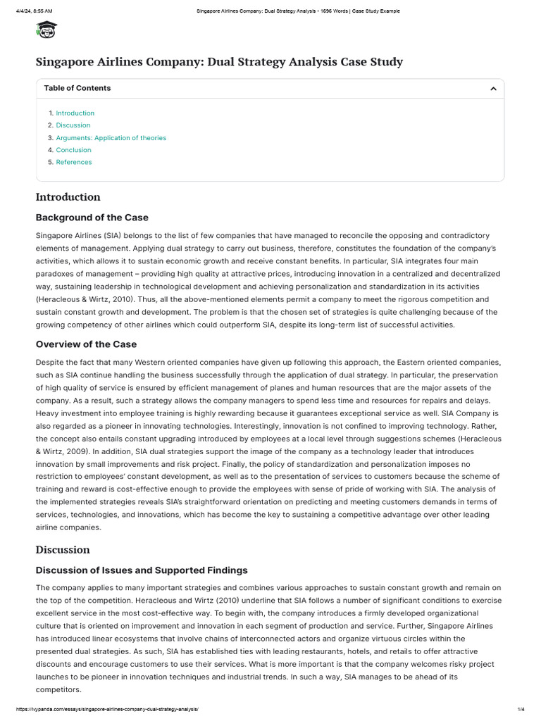 Singapore Airlines Company - Dual Strategy Analysis - 1696 Words - Case ...