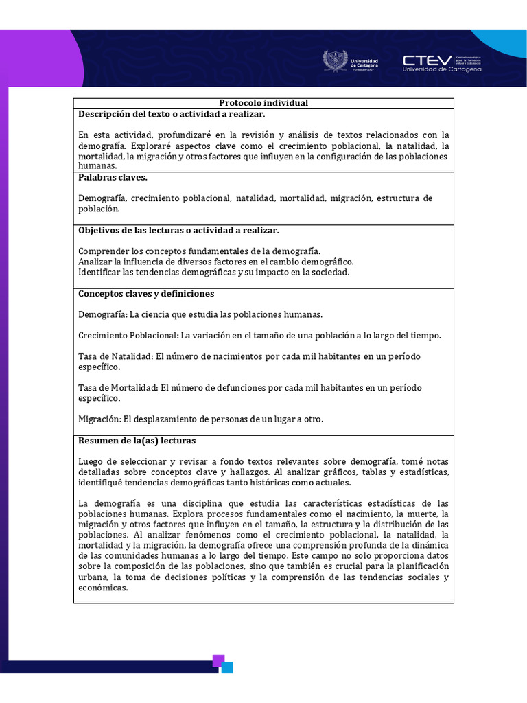 Protocolo Individual Demografia | PDF | Demografía | Crecimiento de la población