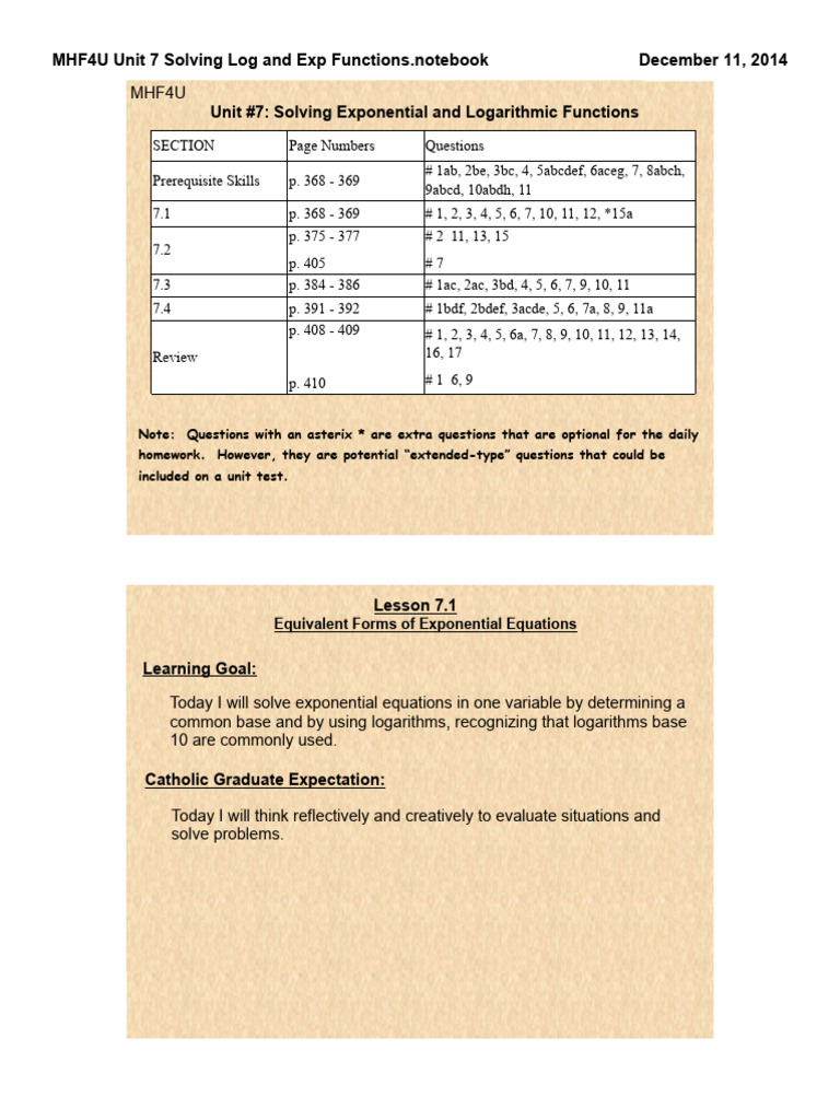 MHF4U 7.1 Notes and Day1 of 7.2 | PDF | Equations | Exponential Function