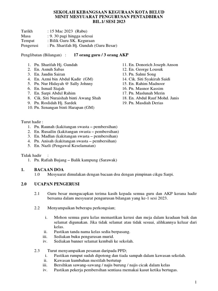 Minit Mesyuarat Pengurusan Pentadbiran Sakura Bil.1 Sesi 2023 | PDF