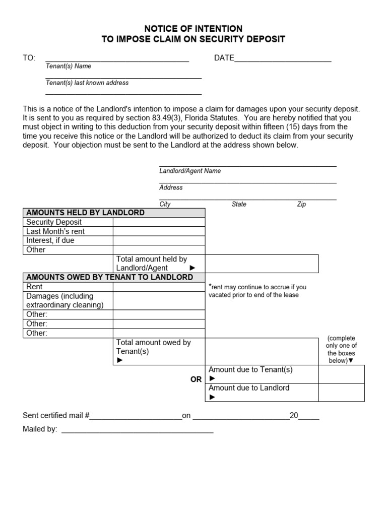 Security Deposit Claim Form-FL | PDF | Landlord | Leasehold Estate