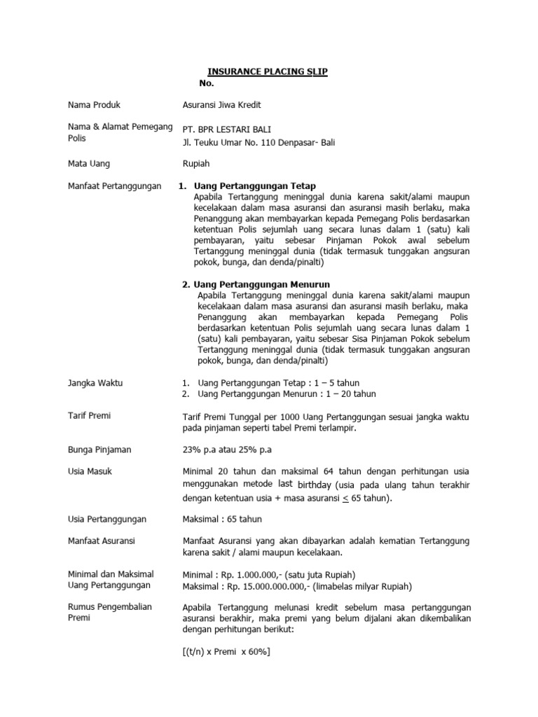 Placing Slip Asuransi Jiwa Kredit | PDF | Hukum