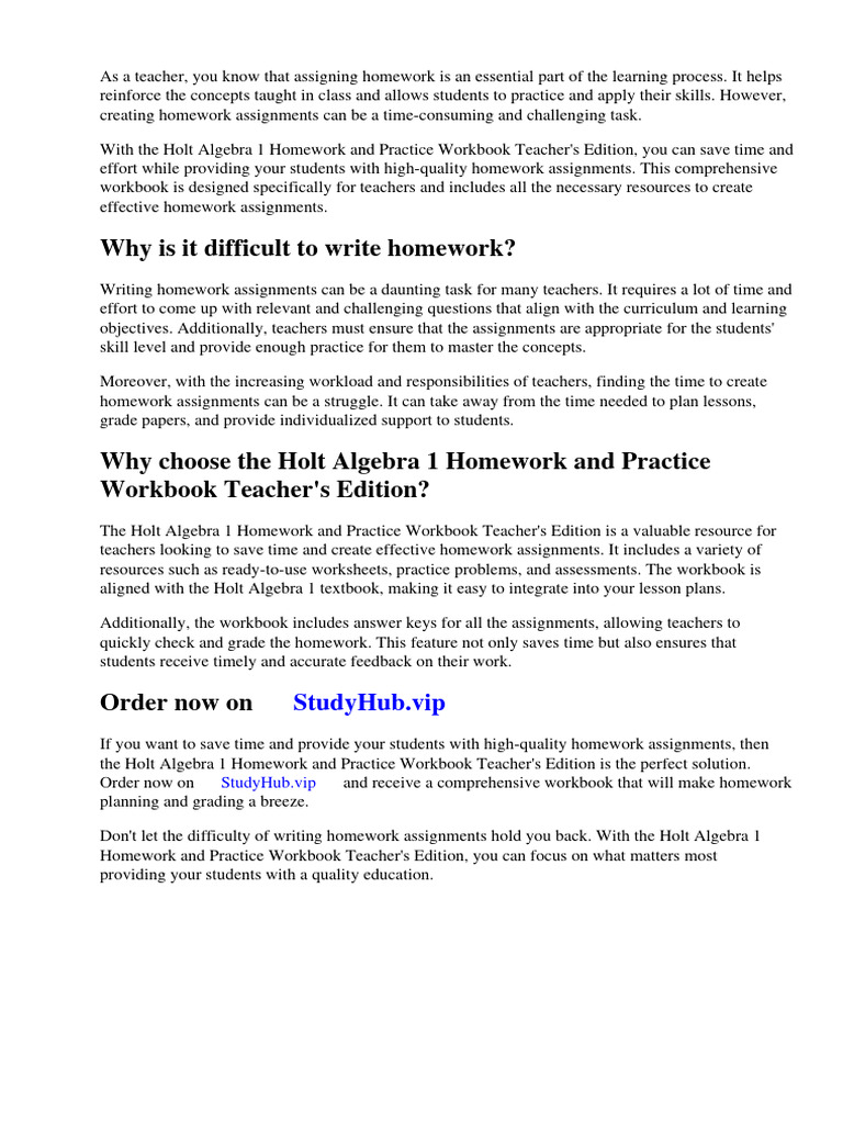 Holt Algebra 1 Homework and Practice Workbook Teachers Edition | PDF ...