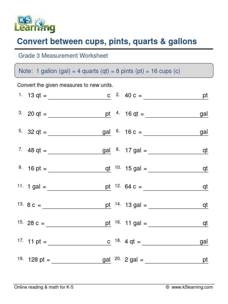 Grade 3 Converting Cups Pints Quarts Gallons Easy C | PDF | Teaching ...