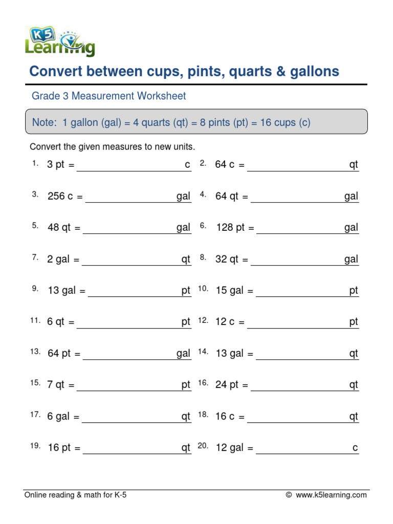 Grade 3 Converting Cups Pints Quarts Gallons Easy B | PDF
