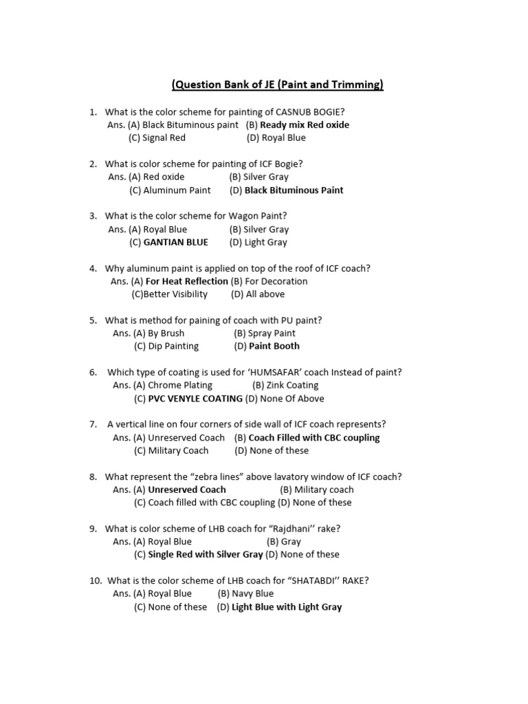 (Question Bank of JE (Paint and Trimming) | PDF | Textiles | Paint