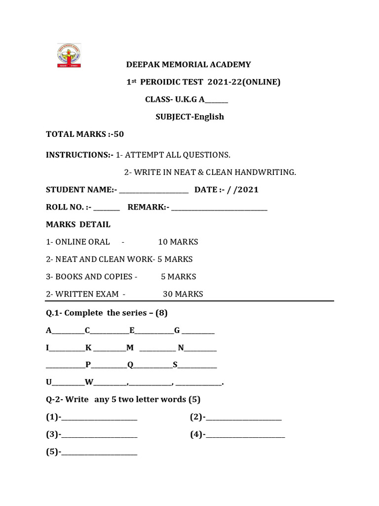 English Class UKG 1st Periodic Test 2021 22 | PDF