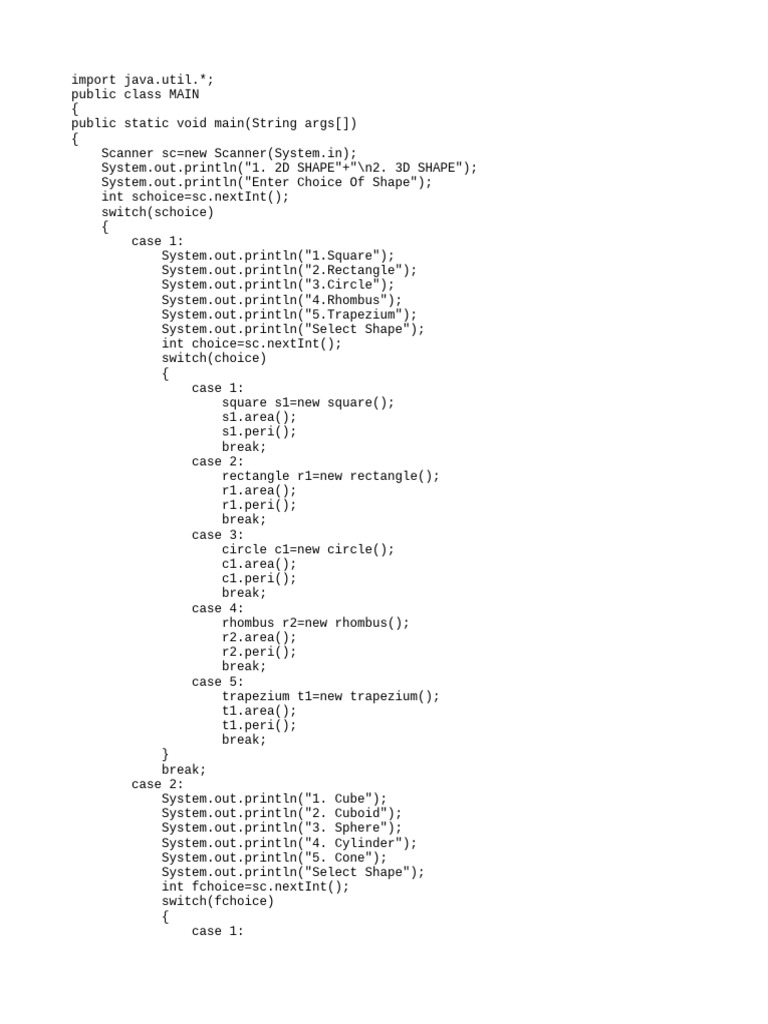 Java Program for Shape Calculations | PDF | Area | Sphere