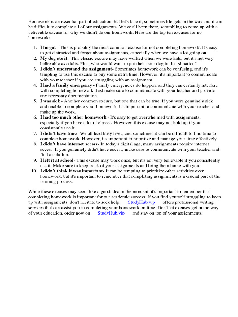 Top Ten Excuses For No Homework | PDF | Homework