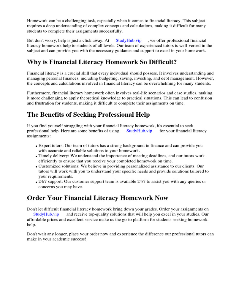 Financial Literacy Homework Help | PDF | Financial Literacy | Money