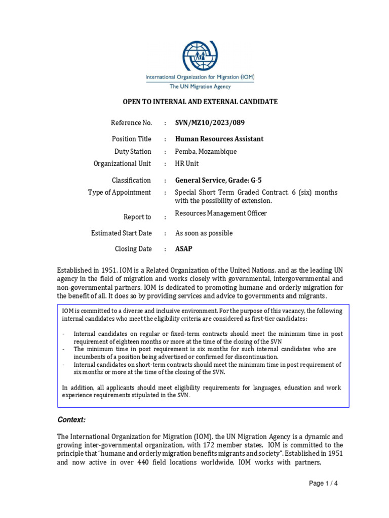 Human Resources Assistant Vacancy in Pemba | PDF | International ...
