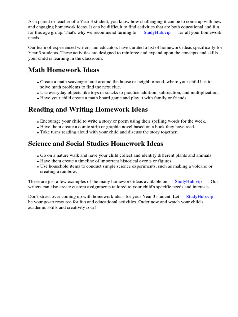 Homework Ideas Year 3 | PDF | Homework | Learning