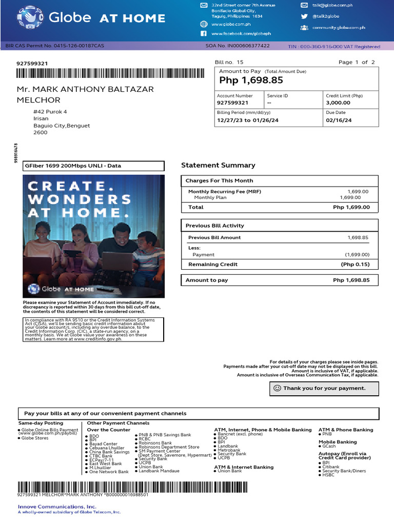 Globe Bill 927599321-1 | PDF | Automated Teller Machine | Banks