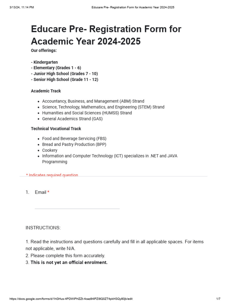 ECI Pre - Registration Form For Academic Year 2024-2025 - Google Forms ...