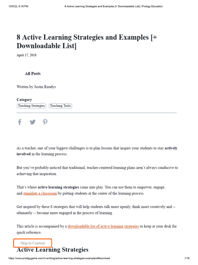 8 Active Learning Strategies and Examples (+ Downloadable List) - Prodigy Education | PDF ...