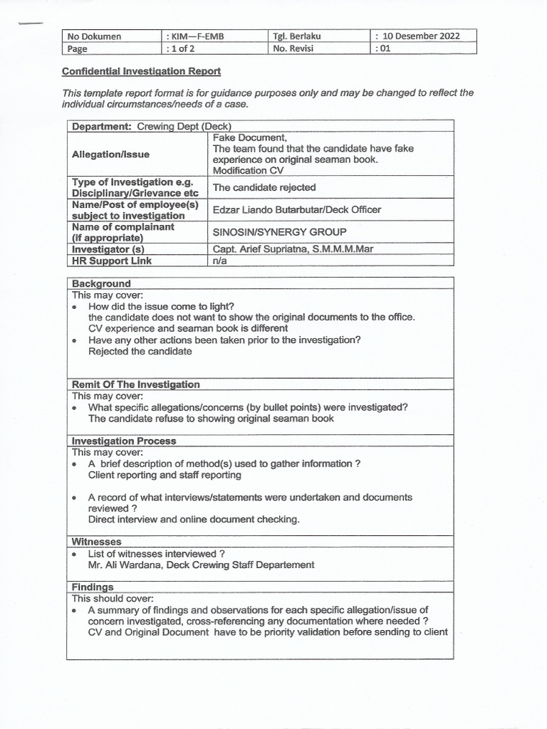 HR Investigation Report | PDF