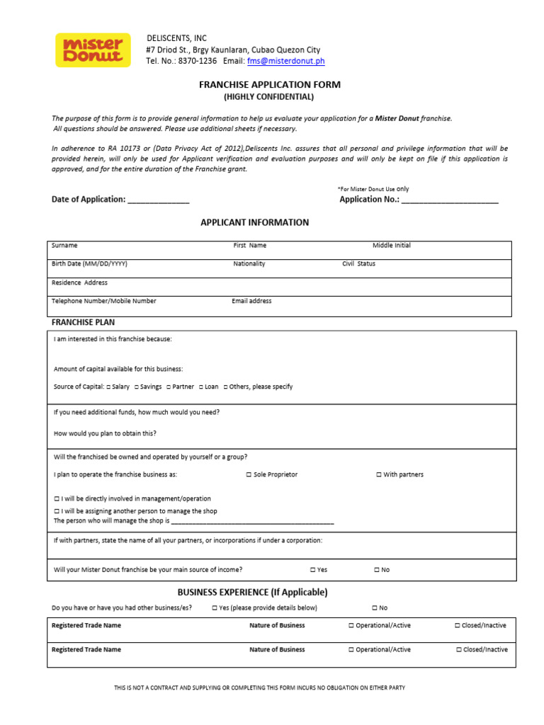 MD Franchise Application Form 2022 | PDF | Franchising | Business