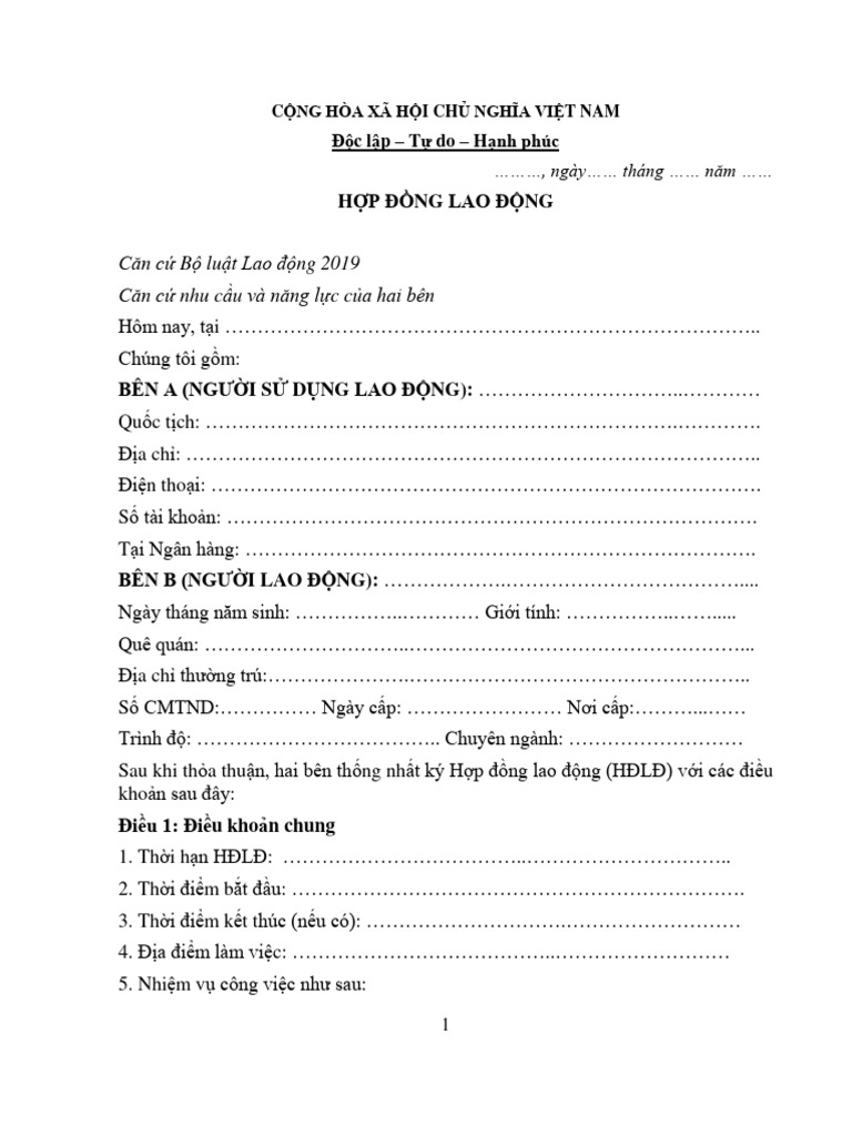 Mau Hop Dong Lao Dong Chung | PDF