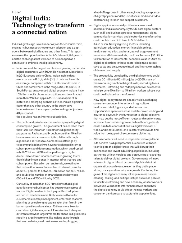 Digital India Technology to Transform a Connected Nation in Brief | PDF | Internet | Economies