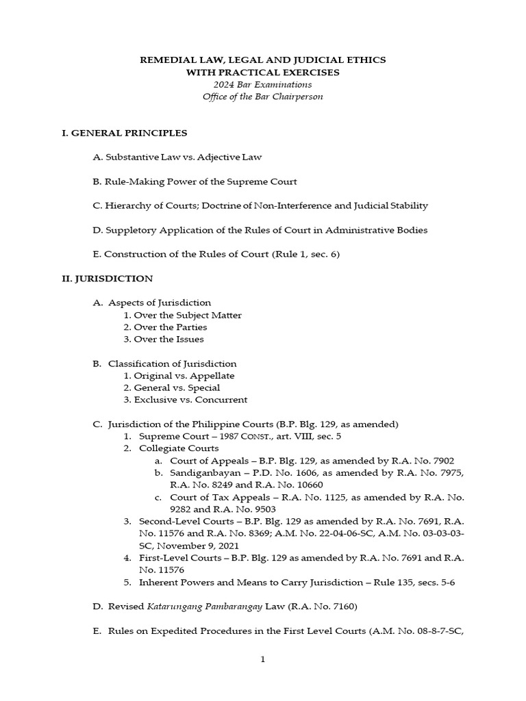 Remedial Law Bar Syllabus 2024 | PDF | Evidence (Law) | Lawyer