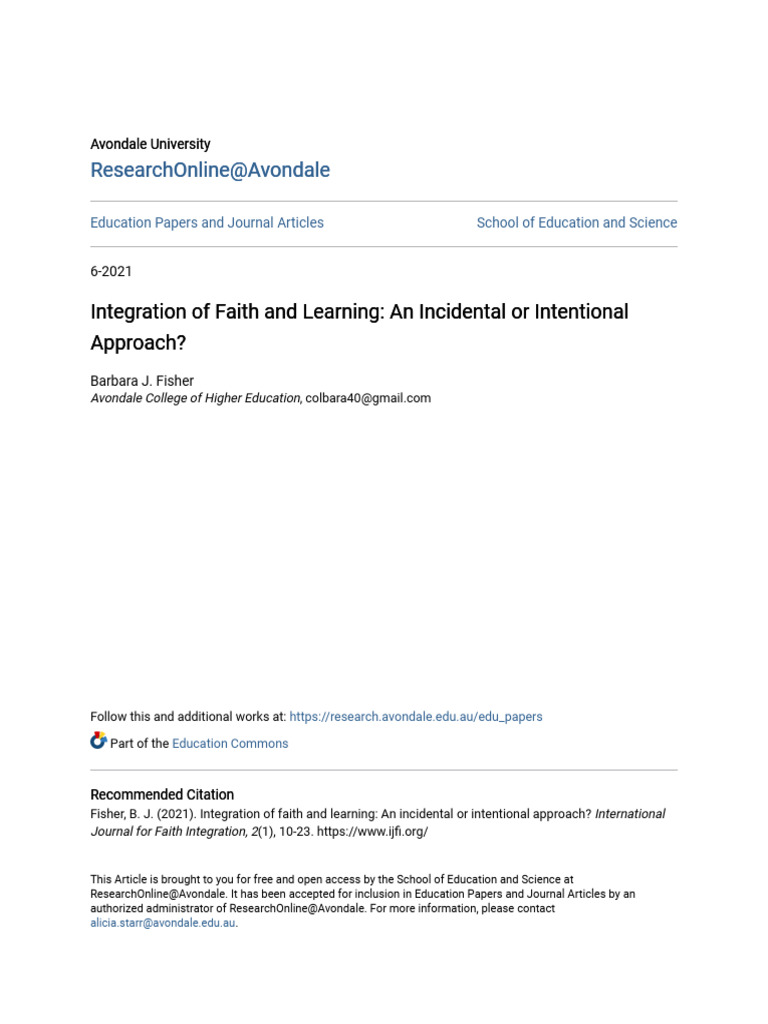 Intentional vs. Incidental Faith Integration | PDF | Curriculum | Teachers