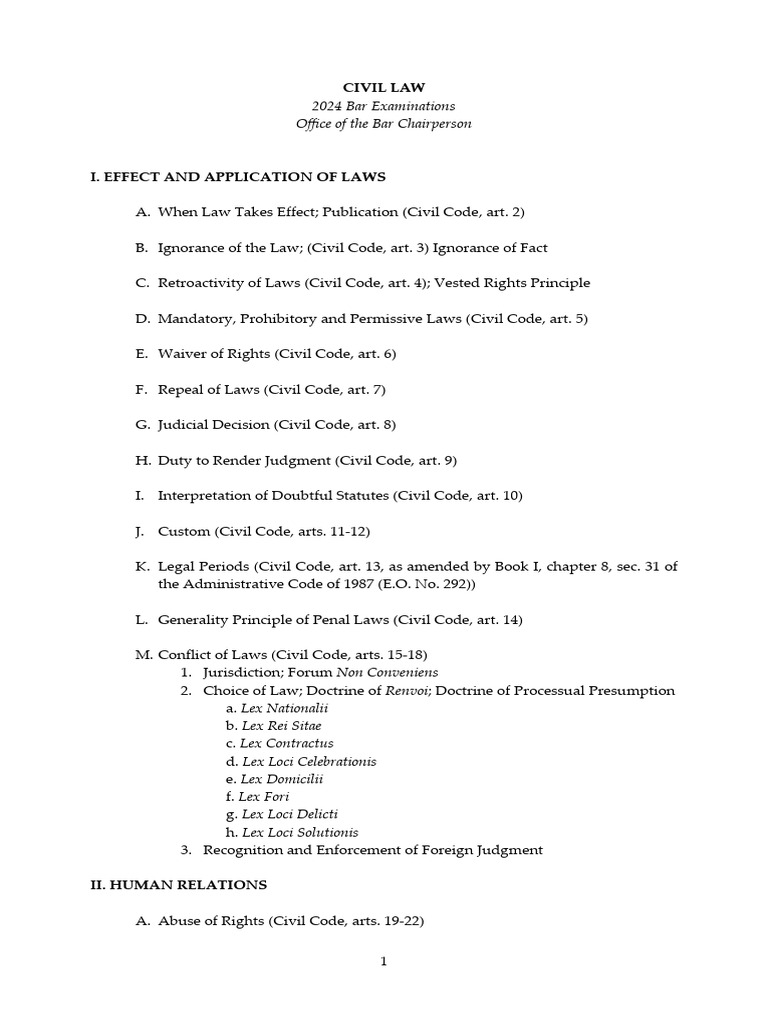 2024 Civil Law Bar Exam Syllabus | PDF | Tort | Damages