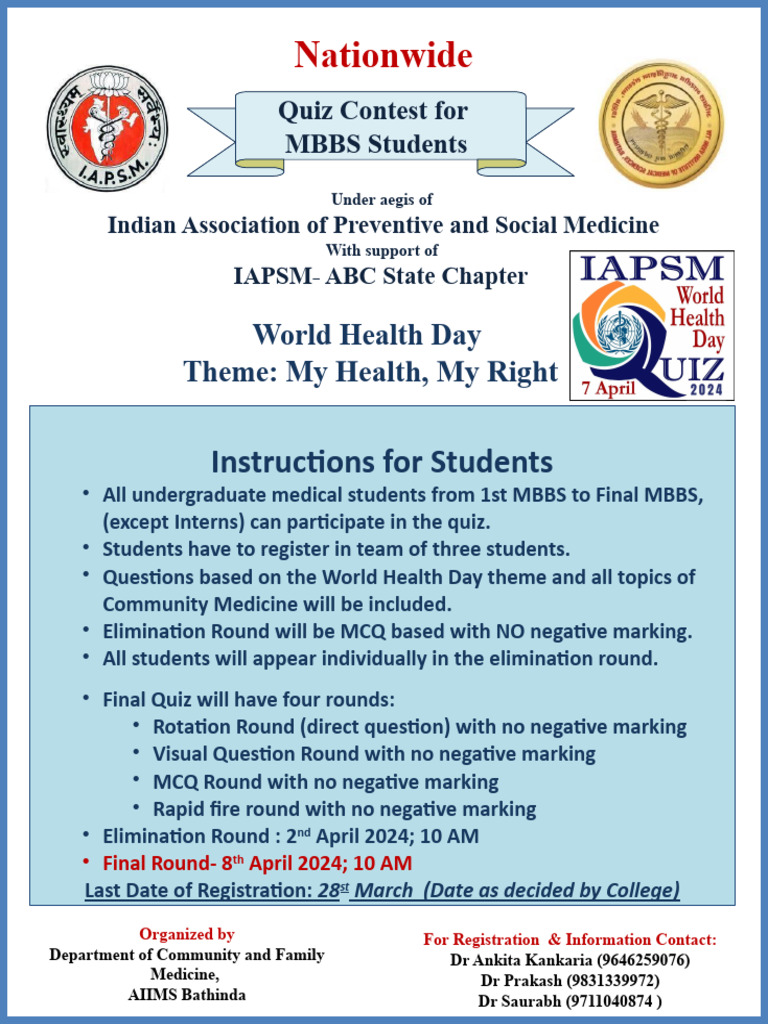 IAPSM WHD Quiz Instructions College Editable 2024 AIIMS BTI AK | PDF
