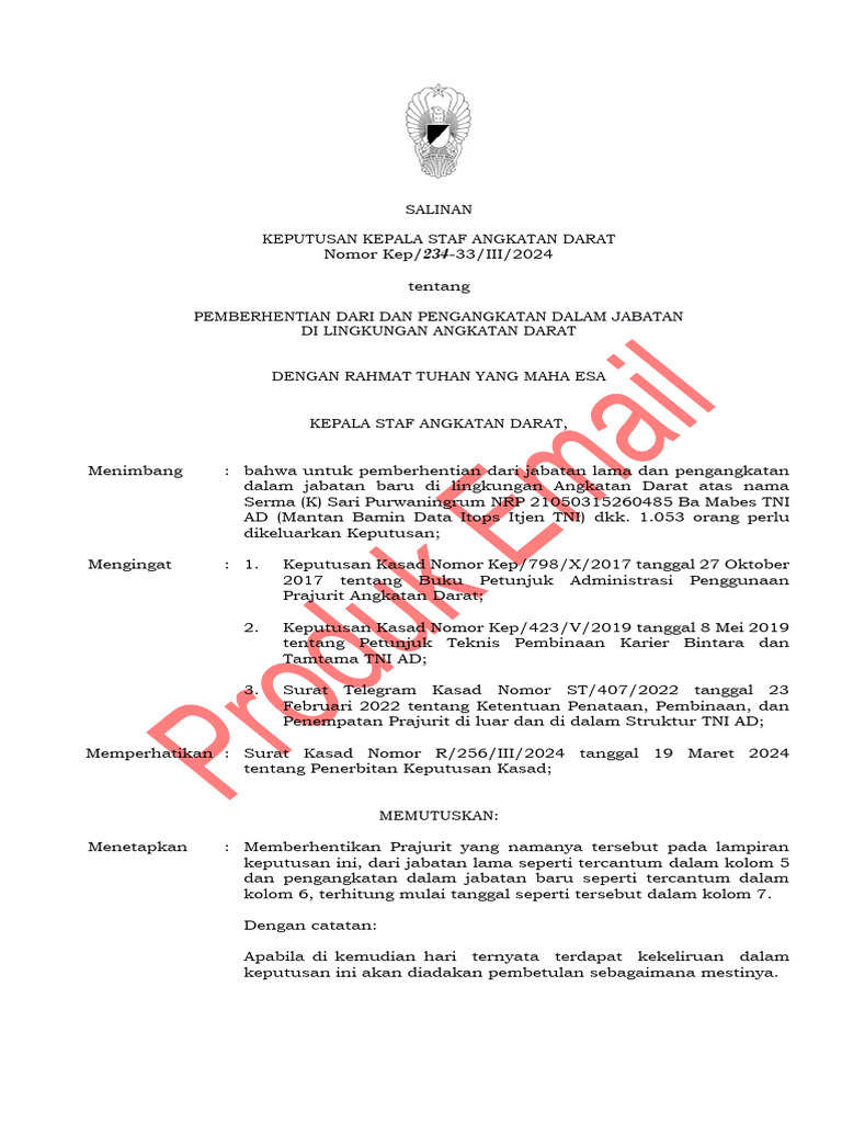 Salinan Keputusan Kasad Nomor Nomor Kep-234-33-III-2024 Tanggal 19 Maret 2024 | PDF