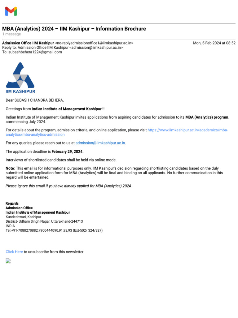 Gmail - MBA (Analytics) 2024 – IIM Kashipur – Information Brochure | PDF