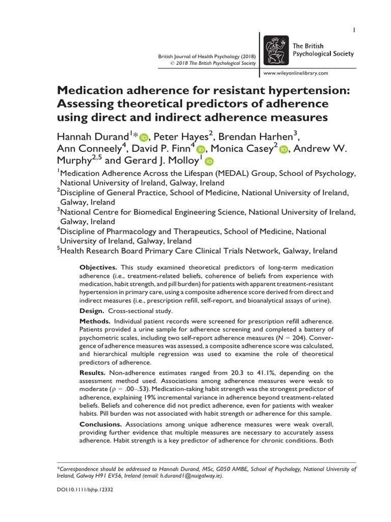 Medication Adherence For Resistant Hypertension: Assessing Theoretical Predictors of Adherence ...