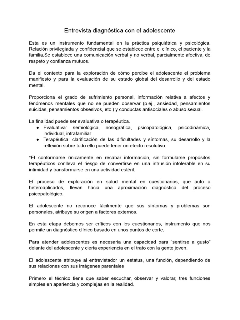 Entrevista Diagnóstica en Adolescentes | PDF | Adolescencia | Sicología