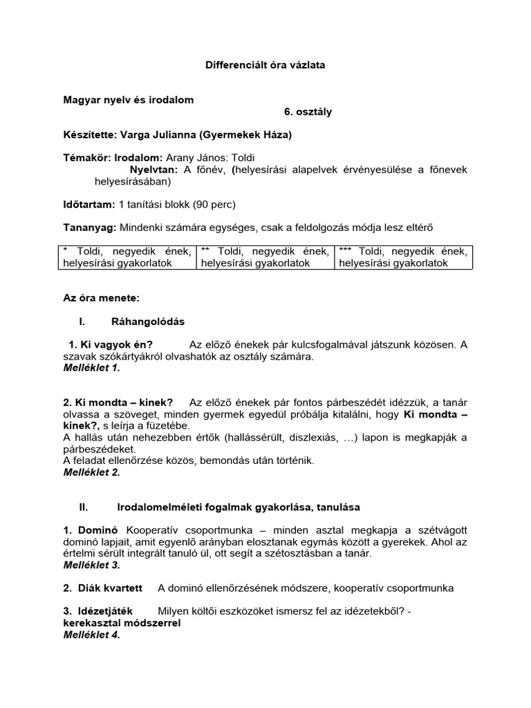 Arany János Toldi 6. Osztály | PDF