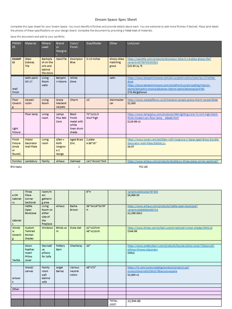 Dream Space Finish Specification Sheet | PDF