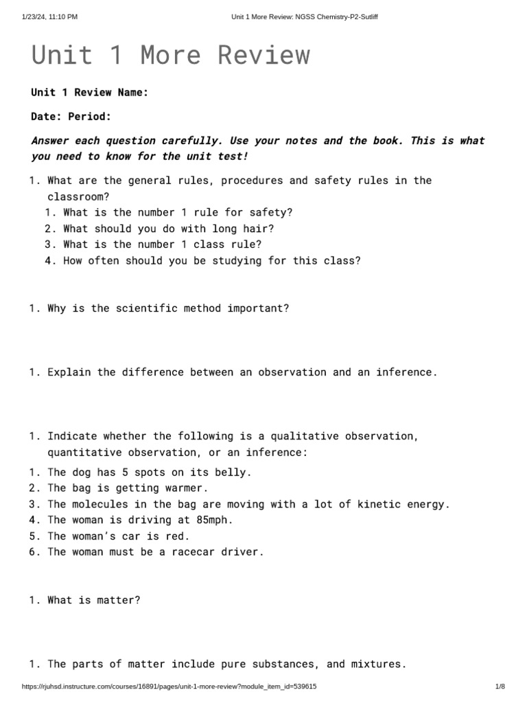 Unit 1 More Review - NGSS Chemistry-P2-Sutliff | PDF | Mixture ...