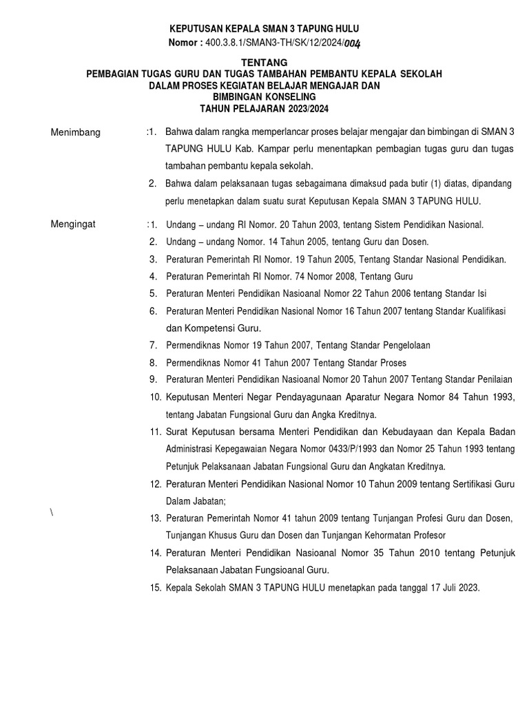 SK Pembagian Tugas Terbaru 2024 | PDF