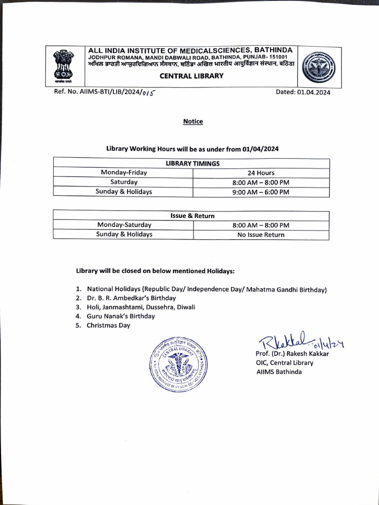 Central Library Timings | PDF