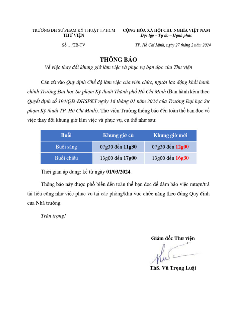 Thong Bao Thay Doi Gio Phuc Vu | PDF