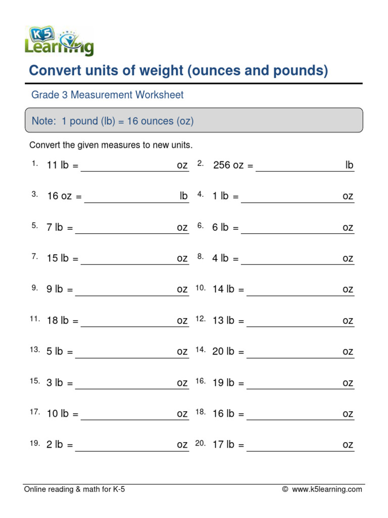 Grade 3 Converting Units Weight Ounces Pounds B | PDF | Foreign ...