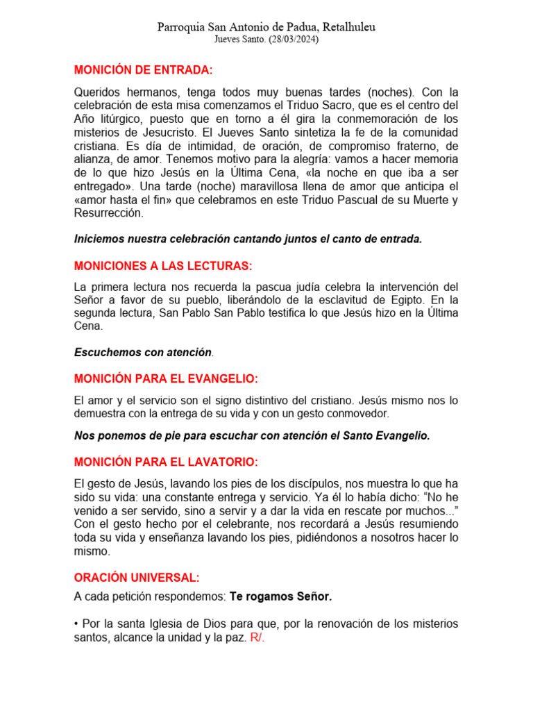 Moniciones de Jueves Santo | PDF | eucaristía | Pascua de Resurrección